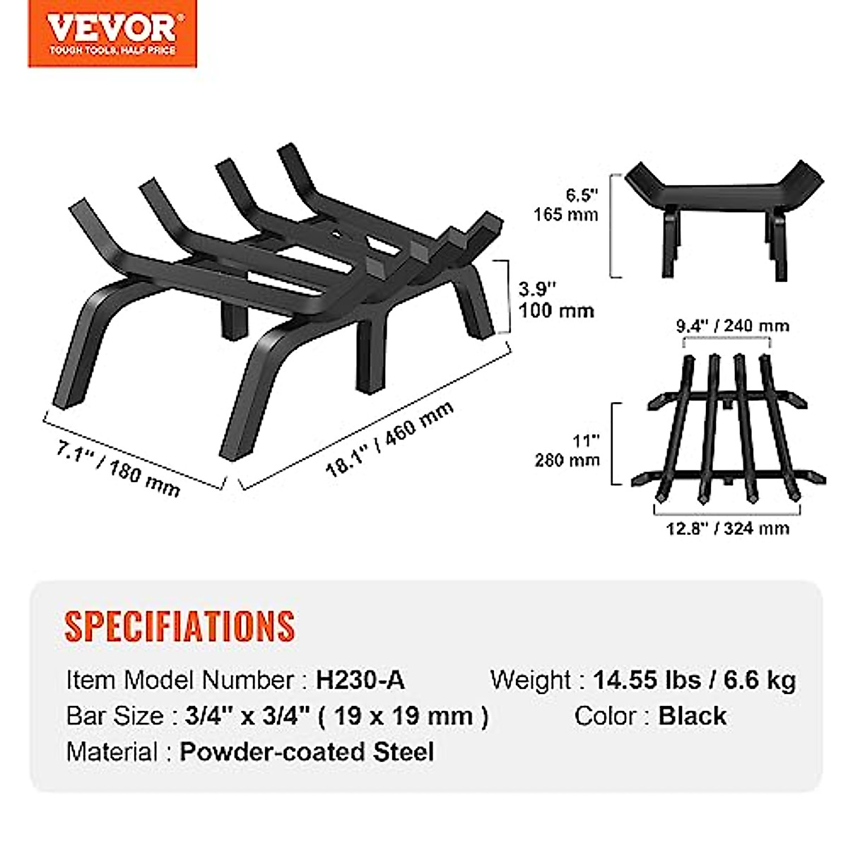 VEVOR Fireplace Grate, 18 inch Heavy Duty Fireplace Pit Grill Grate with 6 Support Legs, 3/4'' Solid Powder-Coated Steel Bars, Fire Logs Firewood Burning Rack Holder for Indoor and Outdoor Fireplace