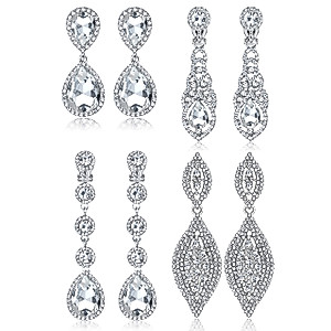 Jstyle 4 Pairs Clip on Earrings for Women Rhinestone Crystal Wedding Earrings Elegant Silver Teardrop Drop Dangle Clip on Earrings for Bride Bridesmaid Non Pierced Earrings Classic Style