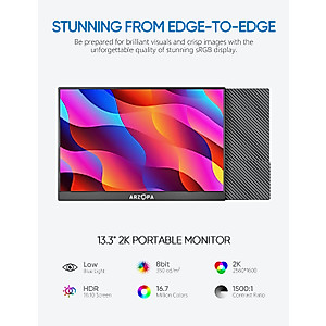 ARZOPA Portable Monitor 2K, 13.3'' HDR Portable Laptop Monitor USB C HDMI External Monitor IPS Eye Care External Display for PC Phone Mac Xbox PS5 Switch-A1 GAMUT MINI 2K