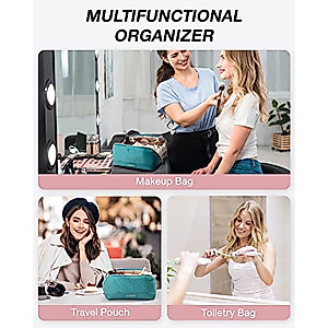 BAGSMART Makeup Bag Cosmetic Bag, Travel Makeup Bag,Water-resistent Makeup Bags for Women Portable Pouch Open Flat Make Up Organizer Bag for Toiletries, Brushes, Teal