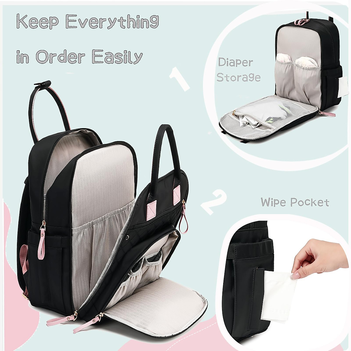 PAOIXEEL 18 Pockets Diaper Bag Backpack with Wet Pockets, Stroller Clips, Convertible Tote Backpack, Black