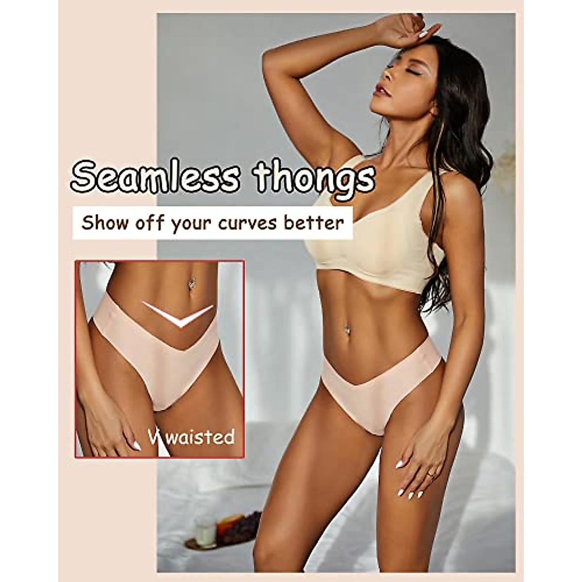 ALL OF ME Seamless Thongs for Women No Show Panties V-waisted Stretch Breathable Sexy Thong Underwear 9 Pack XS-L