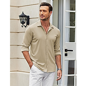 COOFANDY Mens Casual Button Up Shirts Slim Fit Long Sleeve Wrinkle Free Shirts Khaki
