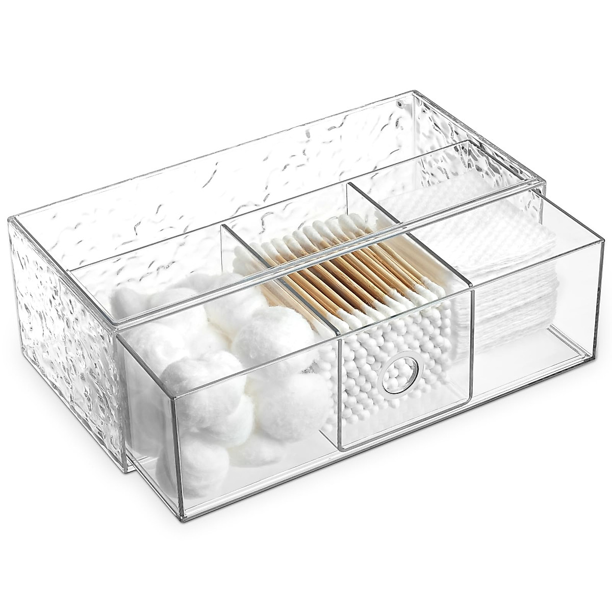 Qtip Holder, Small Makeup Organizer Drawer Case for Countertop, Bathroom Vanity Storage Holder for Cotton Swab, Ball, Floss, Lipstick, Jewelry (Clear)