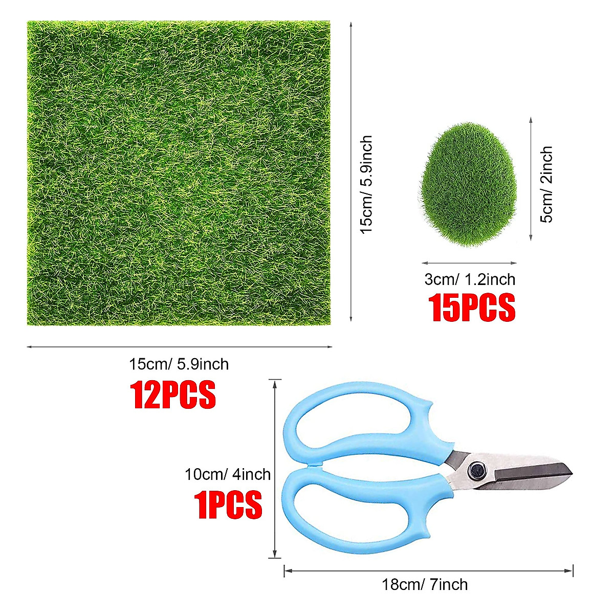 Cayway 28 PCS Artificial Garden Grass and Artificial Moss Rocks Decorative Set, 5.9 x 5.9Inch 12 PCS Fairy Artificial Grass and 15 PCS Green Moss Balls, Floral Scissors for Decoration, Fairy Gardens