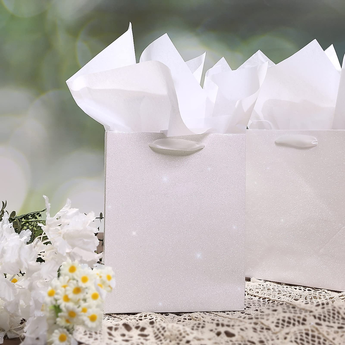PAPER FAIR 12Pcs Embossed Crystal White Glitter Gift Bags with 24 Tissue Paper Bulk, M 9x7 Inch, Christmas Valentines Day Gift Wrap Bag, Wedding Bridal Shower Favor Bag Gift Packaging, Holiday