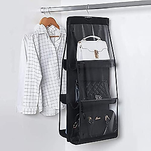 HAN SHENG 2 Pcs 6 Pockets Hanging Purse Handbag Organizer Clear Hanging Shelf Bag Collection Storage Holder Purse Bag Wardrobe Closet Space Saving Organizers (Black)