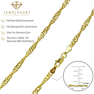 JEWELHEART 14K Real Gold Singapore Necklace - 2.45mm Diamond Cut Twisted Chain Necklace - Dainty Yellow Gold Chain For Women with Lobster Clasp 18"