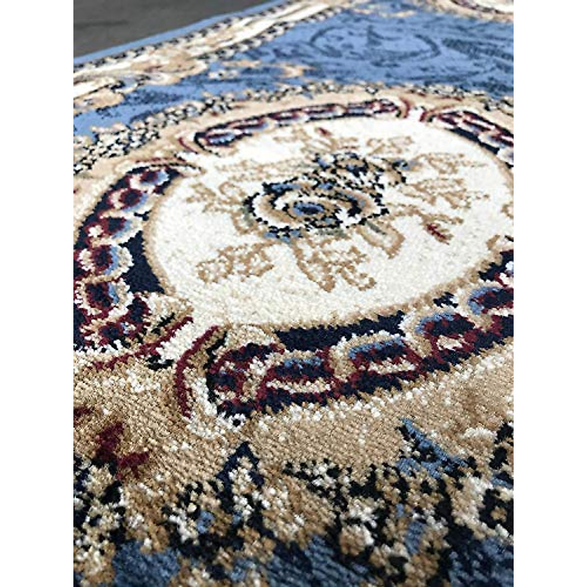 Traditional Octagon Oriental Floral Aubusson Area Rug Persian Light Blue Burgundy Beige Design 602 (4 Feet X 4 Feet)