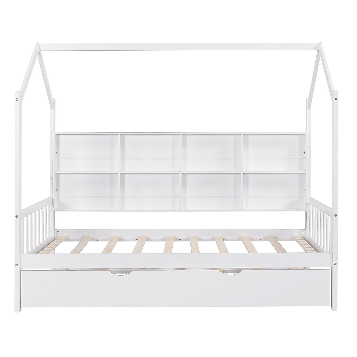 Harper & Bright Designs Twin Size House Bed with Trundle, Wood Twin House Bed Frame with Shelf Compartment, Twin House Bed for Kids with Roof for Girls, Boys,No Box Spring Needed, White