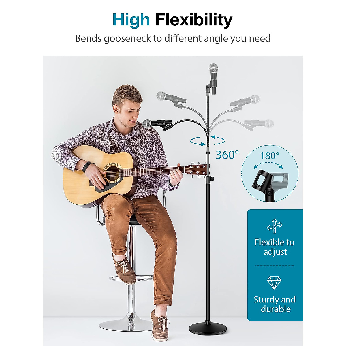 InnoGear Microphone Stand, Mic Stand Detachable Gooseneck Mic Floor Stand Height Adjustable from 32” to 70” with Weighted Round Base for Blue Yeti Blue Snowball Shure SM7B Shure SM58 Samson Q2U