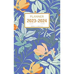 Planner July 2023-2024 June: 5x8 Weekly and Monthly Organizer Small | Trendy Magnolia Blossom Flower Design Blue