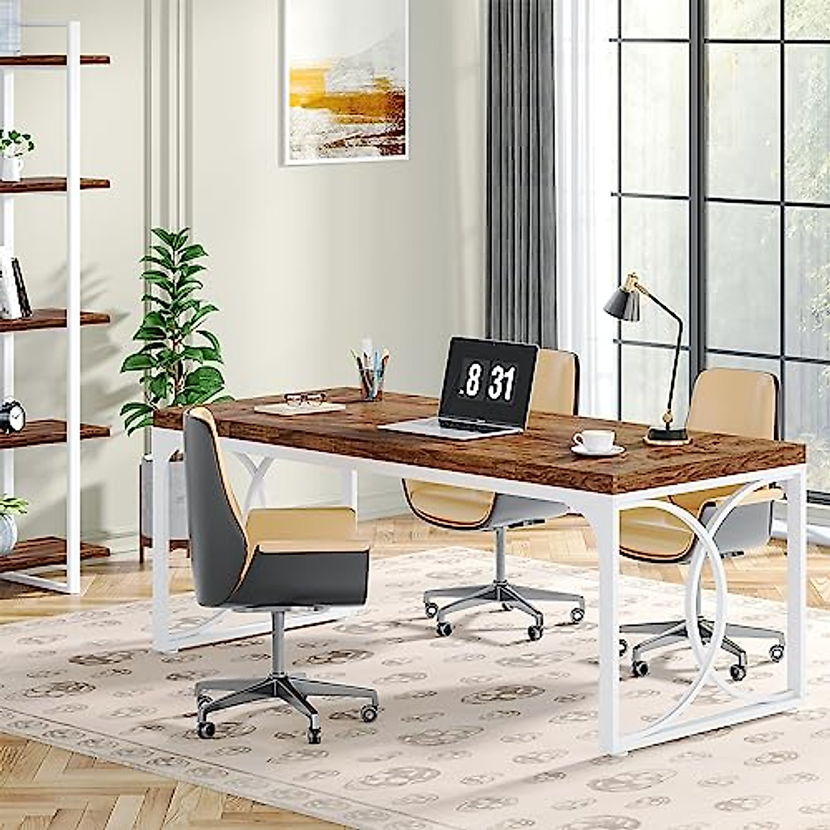Tribesigns 63" Executive Desk, Large Office Computer Desk with Strong Metal Frame, Modern Thicken Wood Workstation Business Furniture for Home Office, Easy Assembly (Walnut & White)