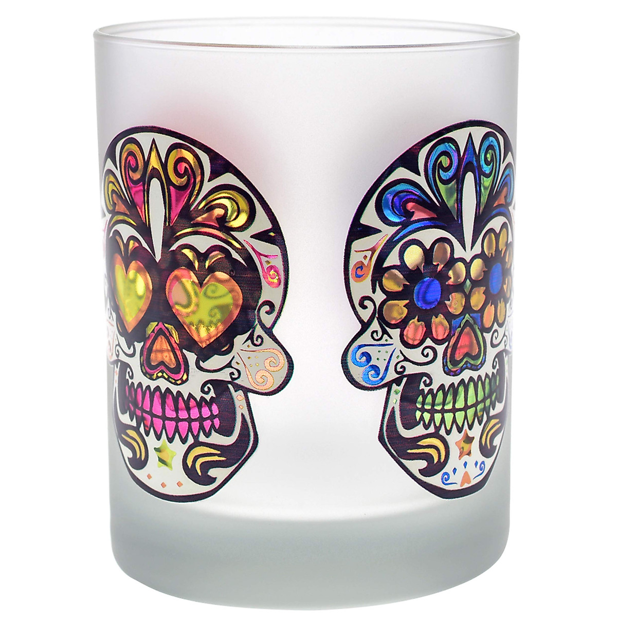 Culver Festive Sugar Skulls Decorated Double Old Fashioned Tumbler Glasses, 13.5-Ounce, Gift Boxed Set of 2 (Frosted)