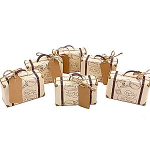 VGoodall 50pcs Mini Suitcase Favor Box Party Favor Candy Box, Vintage Kraft Paper with Tags and Burlap Twine for Wedding/Travel Themed Party/Bridal Shower Decoration