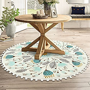 Uphome Round Rug for Bedroom 4' Circle Cute Area Rug with Pom Poms Fringe Floral Plant Washable Throw Rugs Non-Slip Soft Floor Mats for Entryway Laundry Living Room Kids Room Nursery