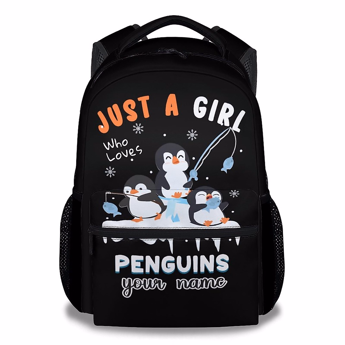 BEOIIBIRD Custom Penguin Backpack for Girls, 16 Inch Black Backpacks for School, Cute Lightweight Bookbag for Kids