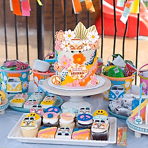 15 PCS Groovy Cupcake Toppers Boho Rainbow Cake Topper Hippie Party Decorations with Flower Bus Happy Birthday for Girl 2nd Birthday Party 60s Theme Boho Groovy Party Supplies (Bohemia)