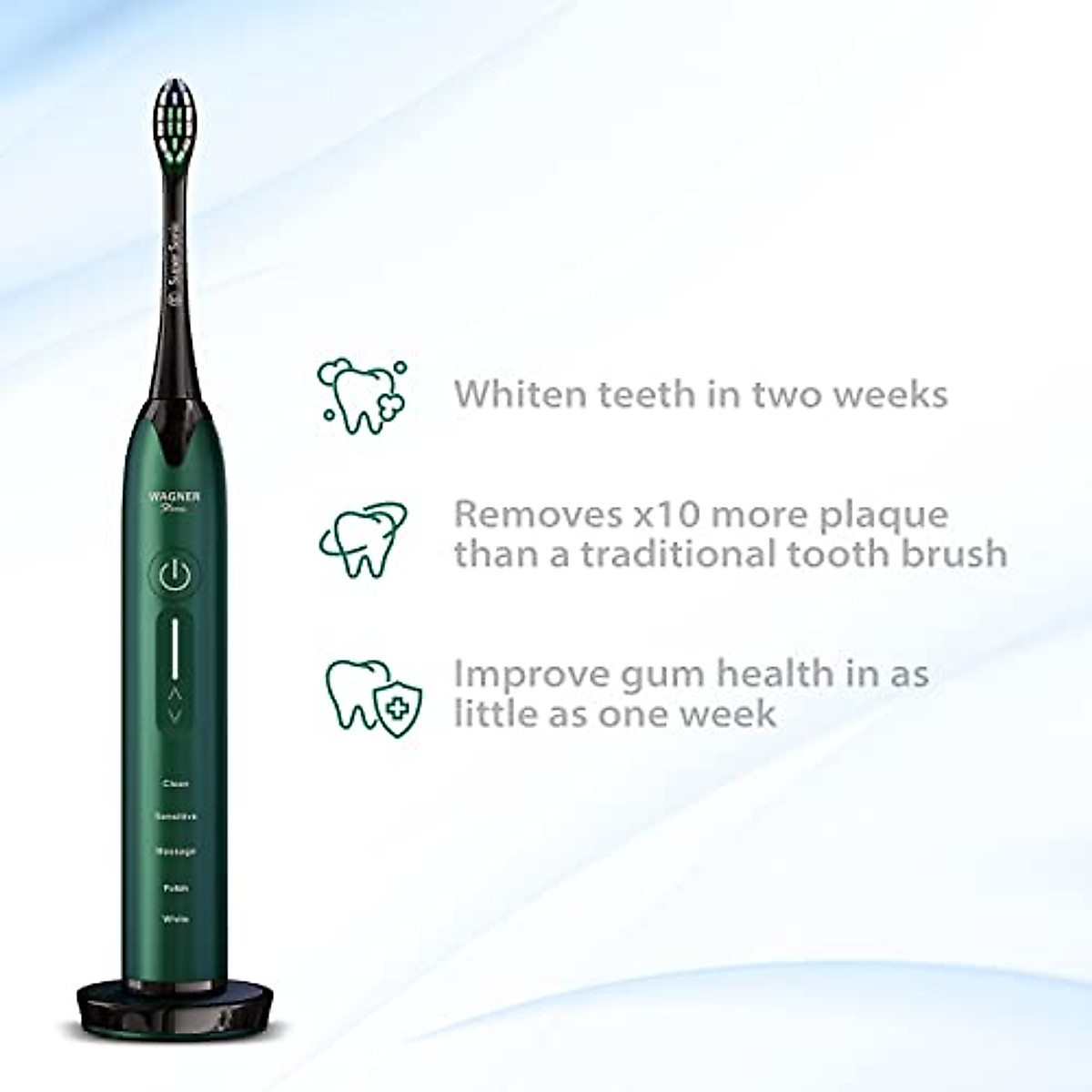 Wagner Stern Ultrasonic whitening Toothbrush with Pressure Sensor. 5 Brushing Modes and 4 Levels of Intensity, 8 Soft bristles, Travel case.