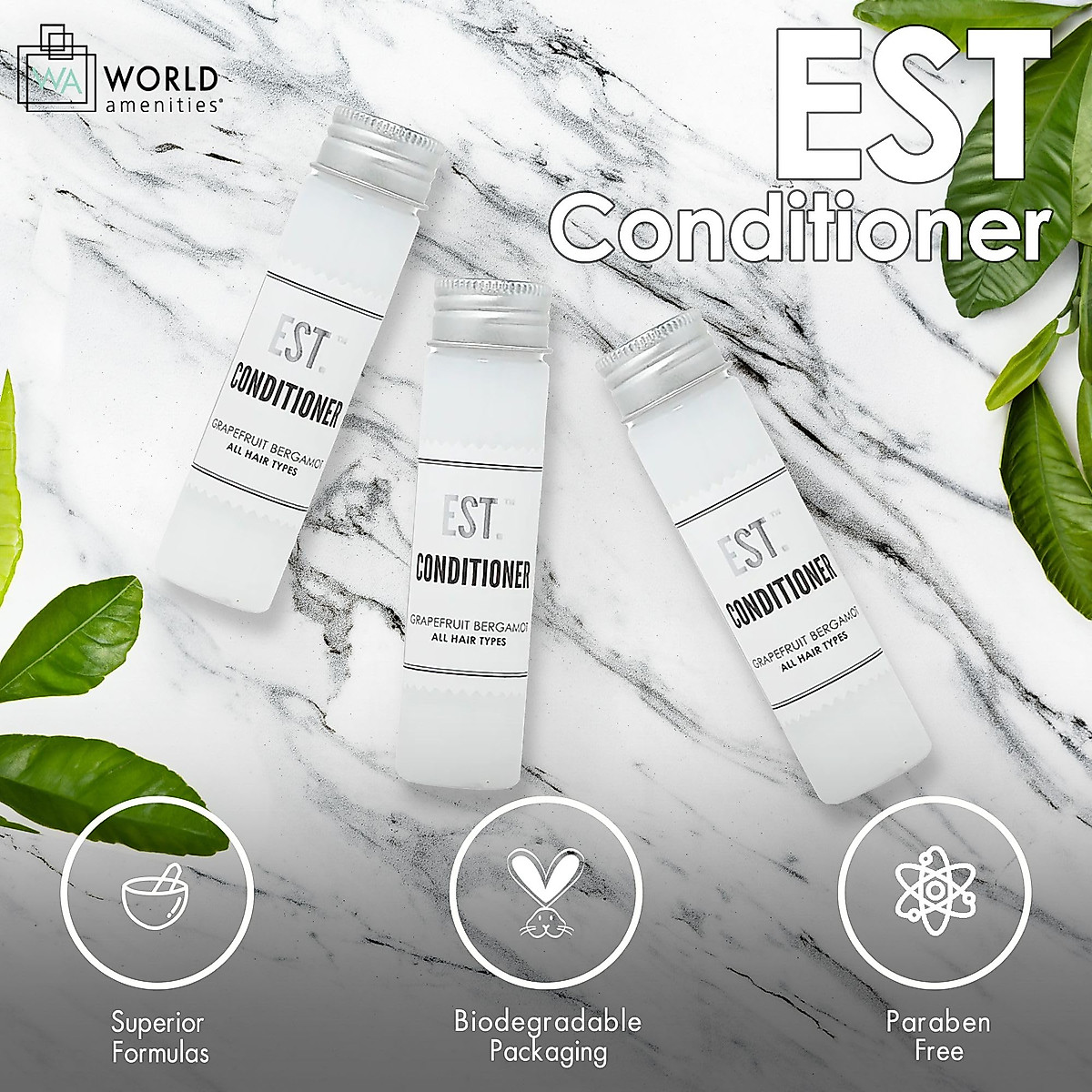 World Amenities EST. Conditioner with Grapefruit-Bergamot fragrance, Biodegradable/Recyclable Bottle with Screw Top, 1.41oz / 40ml, Pack of 48