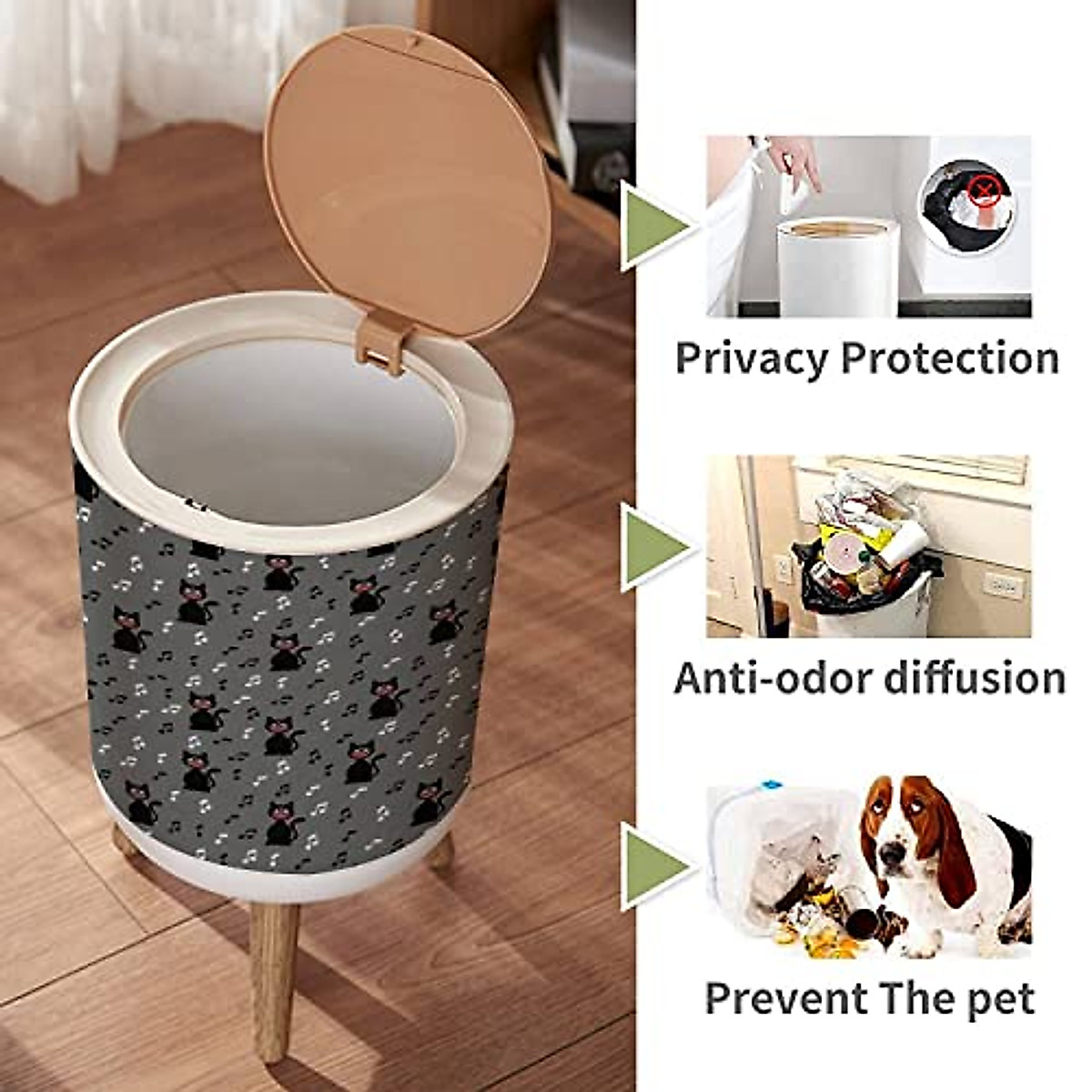 IBPNKFAZ89 Bathroom Trash Can with Lid Seamless with a Black Singing cat Surrounded by Notes on a Gray Small Garbage Bin Wood Waste Bin Press Cover Round Wastebasket for Bedroom Office Kitchen