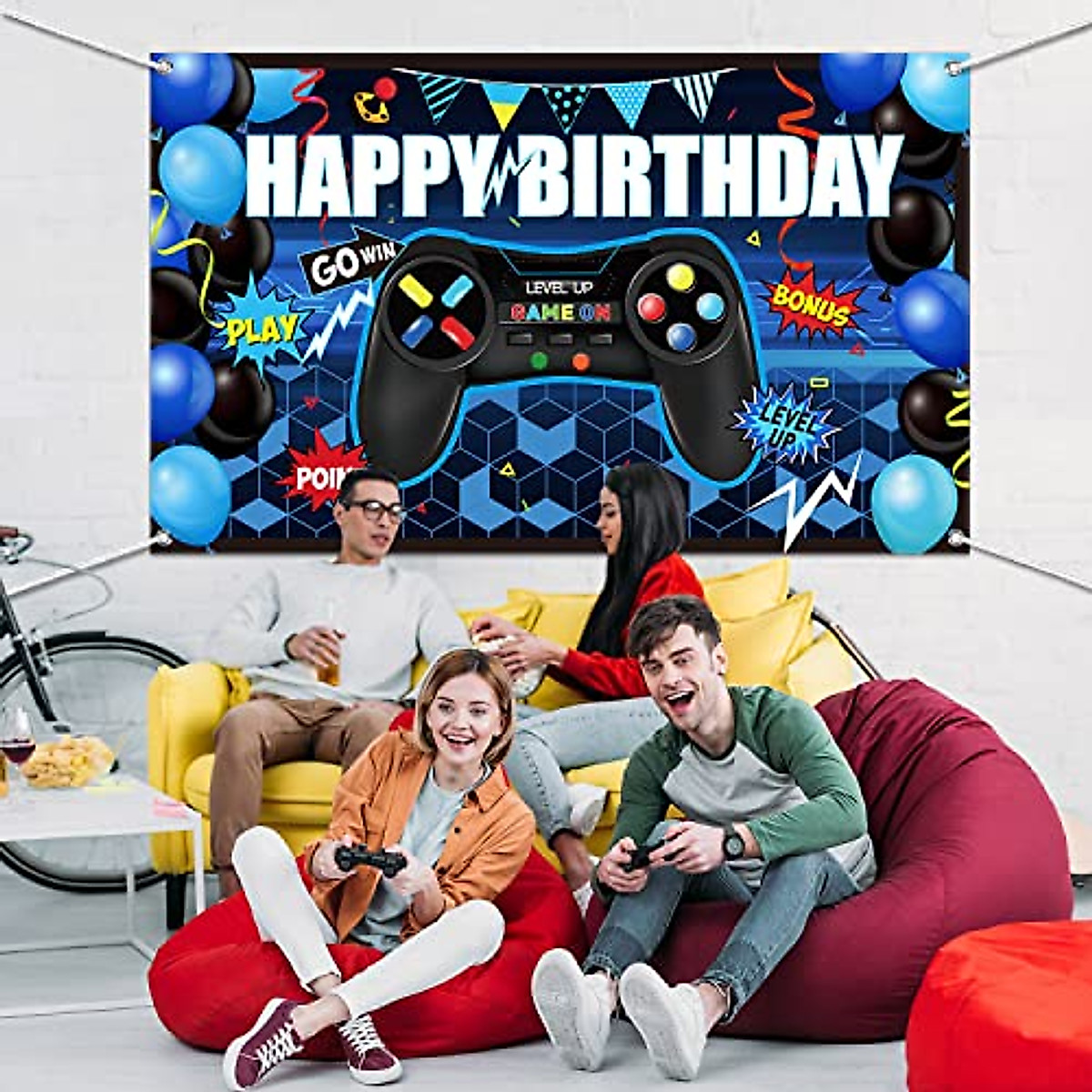 Video Game Happy Birthday Backdrop Game on Birthday Party Backdrop Banner Level up Gaming Theme Party Background Photo Props for Video Game Party Wall Decorations Supplies (Blue)