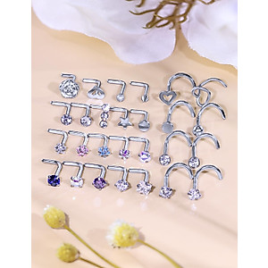 Kridzisw 18G Nose Rings Hoops Studs Piercing Jewelry for Women 18 Gauge Stainless Surgical Steel L Shaped Bend Screw Nose Ring Hoop Nose Rings Stud Nostril Piercing Jewelry Men Silver 2mm CZ Diamond