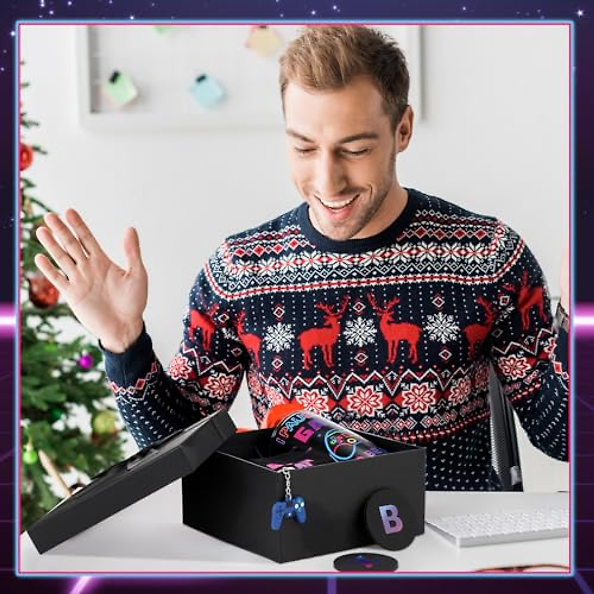 Pickmesh 12 Pcs Gamer Gifts Gaming Gifts for Men Father Him Video Box Include Pillow Cover Tumbler Socks Coaster Keychain for Boyfriend Husband Birthday