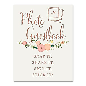 Andaz Press Wedding Party Signs, Faux Rose Gold Glitter with Florals, 8.5x11-inch, Photo Guestbook Snap It, Shake It, Sign It, Stick It, Polaroid Sign 1-Pack, Colored Decorations