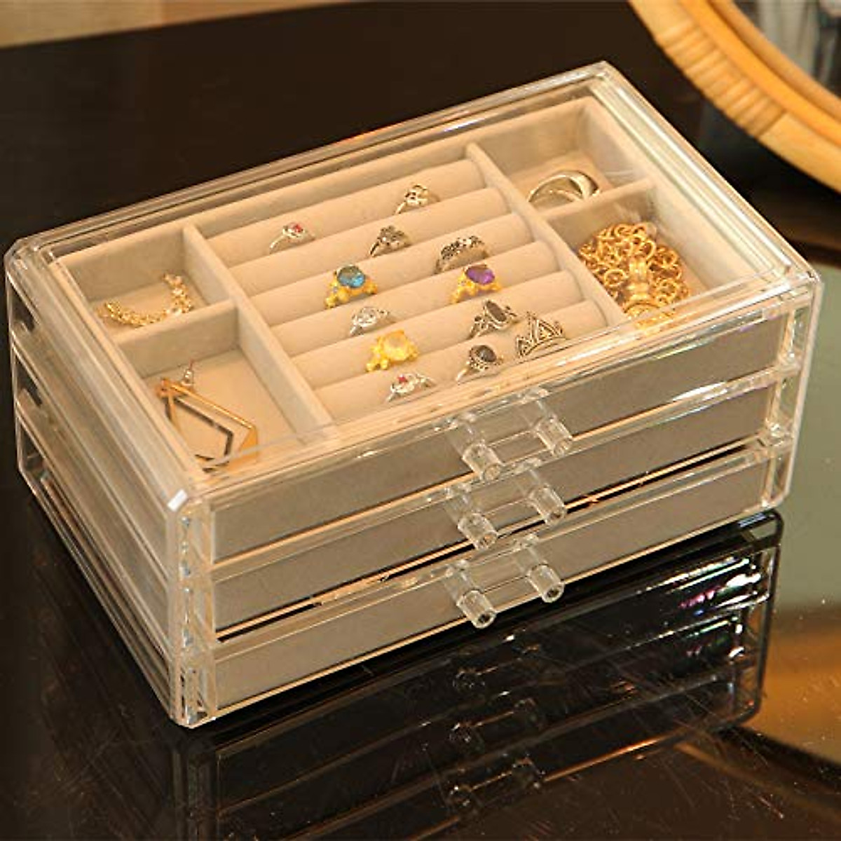 Acrylic Jewelry Boxes For Women With 3 Drawers Stackable Velvet Jewelry Organizer Holder for Earring Bangle Bracelet Necklace Ring Display Case Gift for Girls