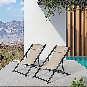 PURPLE LEAF Patio Sling Chairs Set of 2 Outdoor Portable Folding Beach Chairs Adjustable Reclining Chairs with Aluminum Frames and Cushioned Headrest, Beige