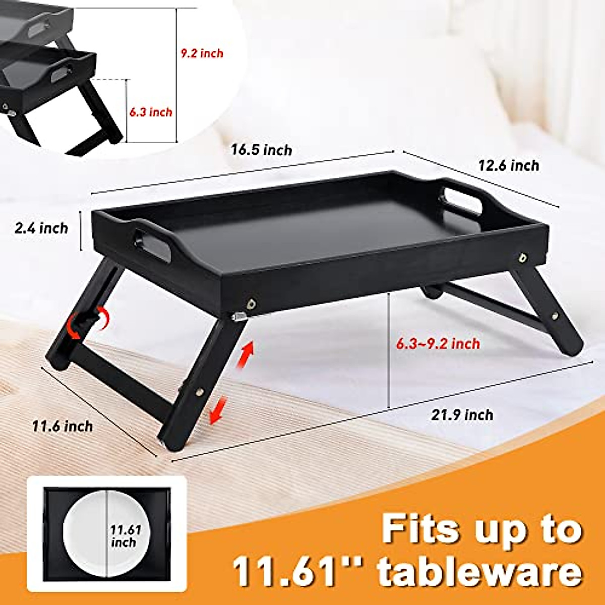 Greenual Breakfast Bed Tray for Eating with Adjustable Height Serving Tray with Folding Legs Food Tables with Locking Legs Phone Holder Portable Laptop Snack Platter for Bedroom Picnic -Black