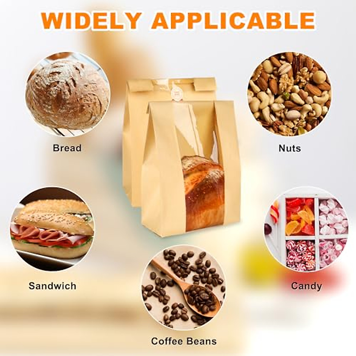 ROLYTA 50 Pack Bread Bags for Homemade Bread,Large Kraft Paper Loaf Bag with Window and Label Seal Stickers,13.8x8.3x3.94 Inch Large Kraft Paper Bakery Bag for Baked Toast Food Packing Storage