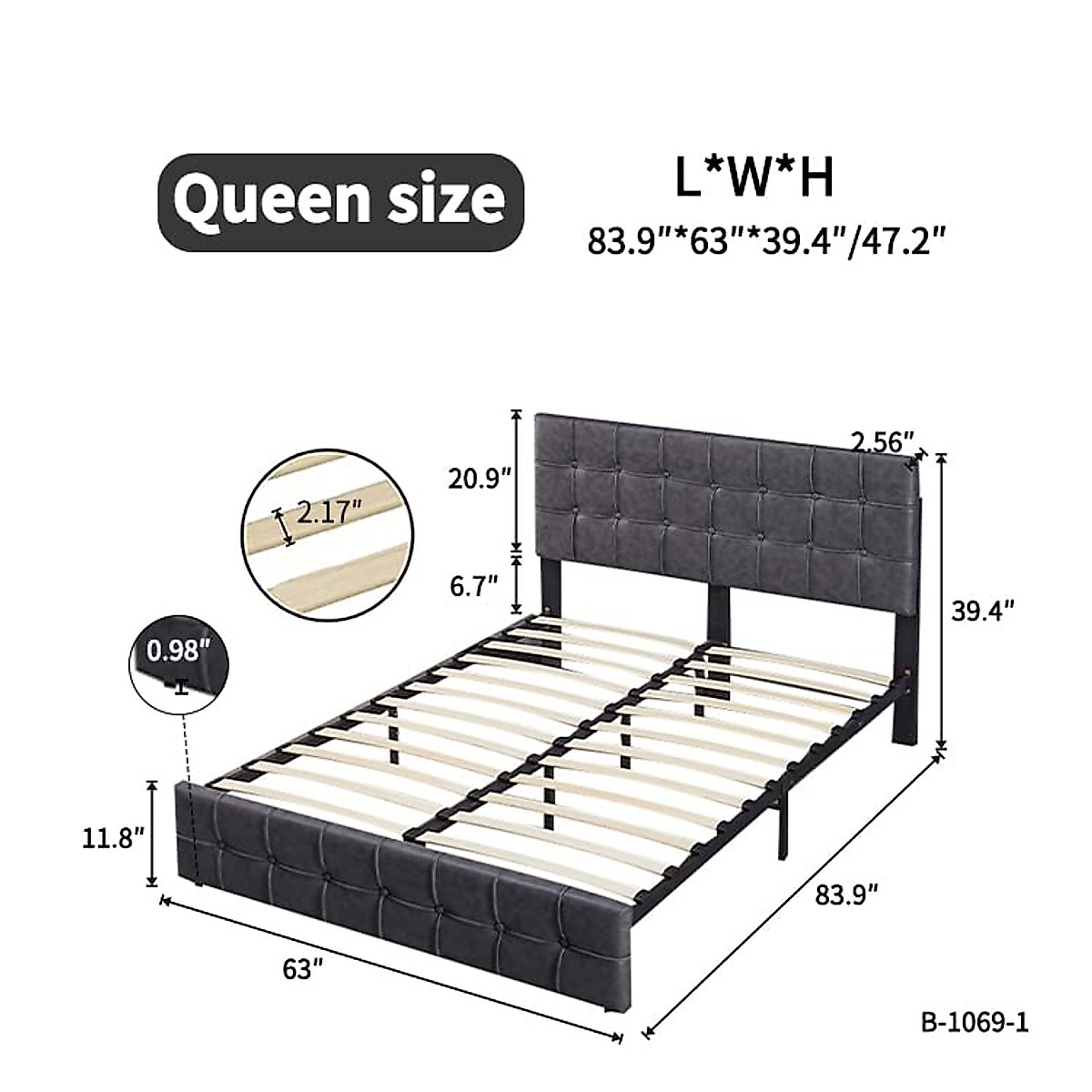 Full/King/Queen Size,Upholstered Platform Bed Frame with Adjustable Headboard,Square Stitched Button Mattress Foundation w/Wood Slats,No Box Spring Needed (Dark Grey, Queen (U.S. Standard))