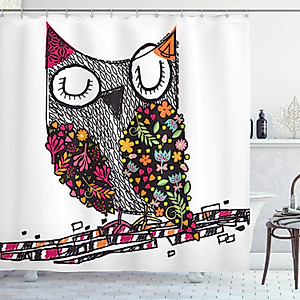 Ambesonne Owls Shower Curtain, Owl Shaped by Geometric Floral Blooms Plants Patterns Colorful Doodle Design, Cloth Fabric Bathroom Decor Set with Hooks, 69" W x 75" L, Multicolor