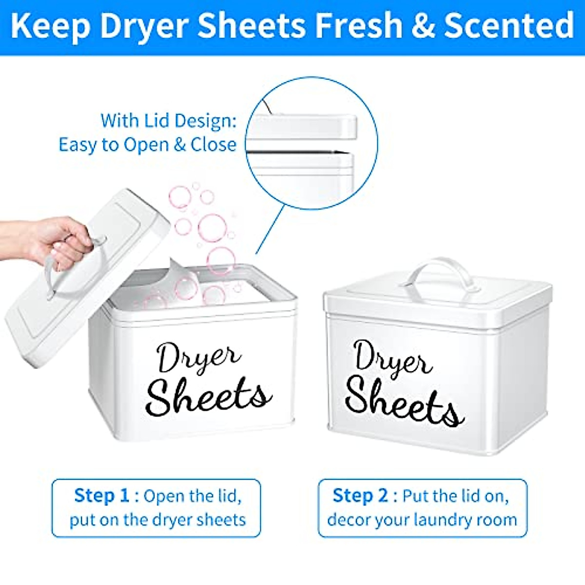 RuiNuyoah Farmhouse Metal Dryer Sheets Holder with Lid for Laundry Room Decor and Accessories, Modern Dryer Sheet Container for Storage and Organization, Large Dryer Sheet Dispenser White