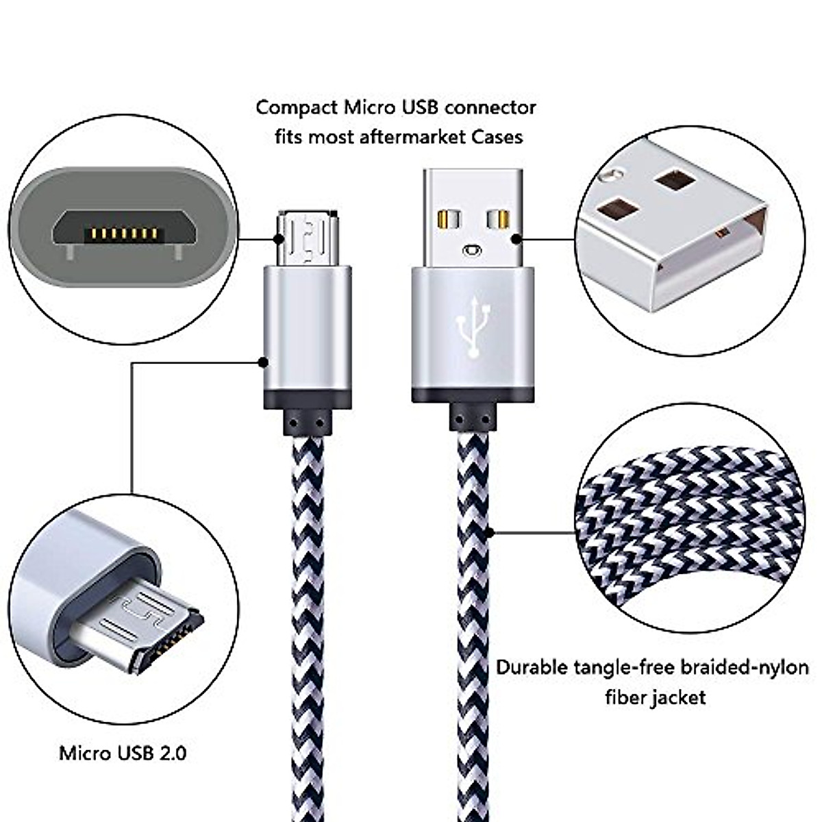 FiveBox Micro USB Charger Cable, 5-Pack 6ft Micro USB Cable Cord Braided Fast Charging Phone Charger for Samsung Galaxy J3 J7 S6 S7 Edge, Tablet, LG stylo 2/3 LG G3 G4 K30 K20 Plus, Old Kindle 7 8 10