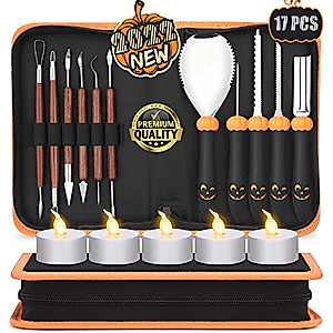 Upgraded 17 PCS Pumpkin Carving Kit for Adults & Kids with Professional Detail Sculpting Tools, Heavy Duty Stainless Steel Knife Set with Carrying Case for Halloween Decoration