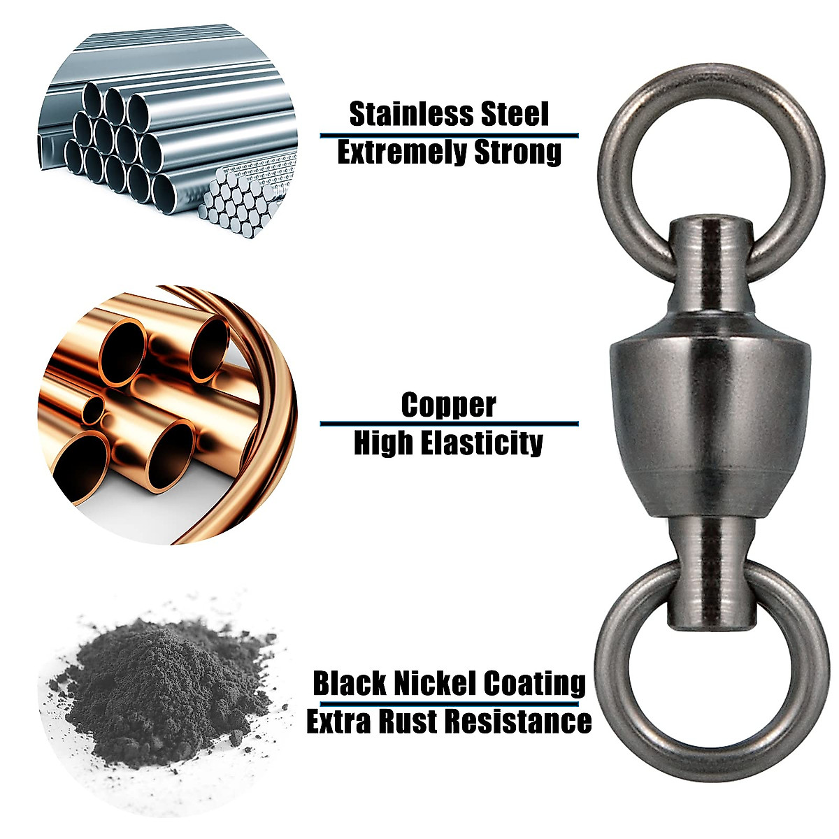 Dr.Fish 20 Pack Fishing Swivels Freshwater Ball Bearing Swivels Stainless Swivels Fishing Tackle Heavy Duty Black Nickel Terminal Tackle Barrel Swivels Leader Lures Connector Offshore Size 0