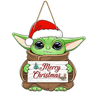 Christmas Baby Yoda Front Door Decorations Hanging Signs Door Sign for Holiday Decor Merry Christmas Sign Large Xmas Themed Party Supplies Yard Porch Wall Window Kid’s Room Decoration