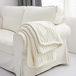 Longhui bedding Ivory White Chenille Cable Knit Sherpa Throw Blanket – Thick, Soft, Big, Cozy Ivory White Knitted Fleece Blankets for Couch, Sofa, Bed – Large 60 x 80 Inches Coverlet All Season