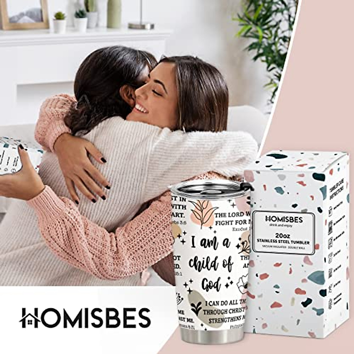 HOMISBES Christian Gifts for Women - Stainless Steel I Am a Child of God Tumbler Cup 20oz - Christian Faith Jesus God Bible Verse Religious Gifts