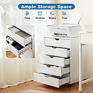 OLIXIS 5 Drawer Chest Wood File Cabinet Rolling Storage Dresser with Wheels for Home Office, White