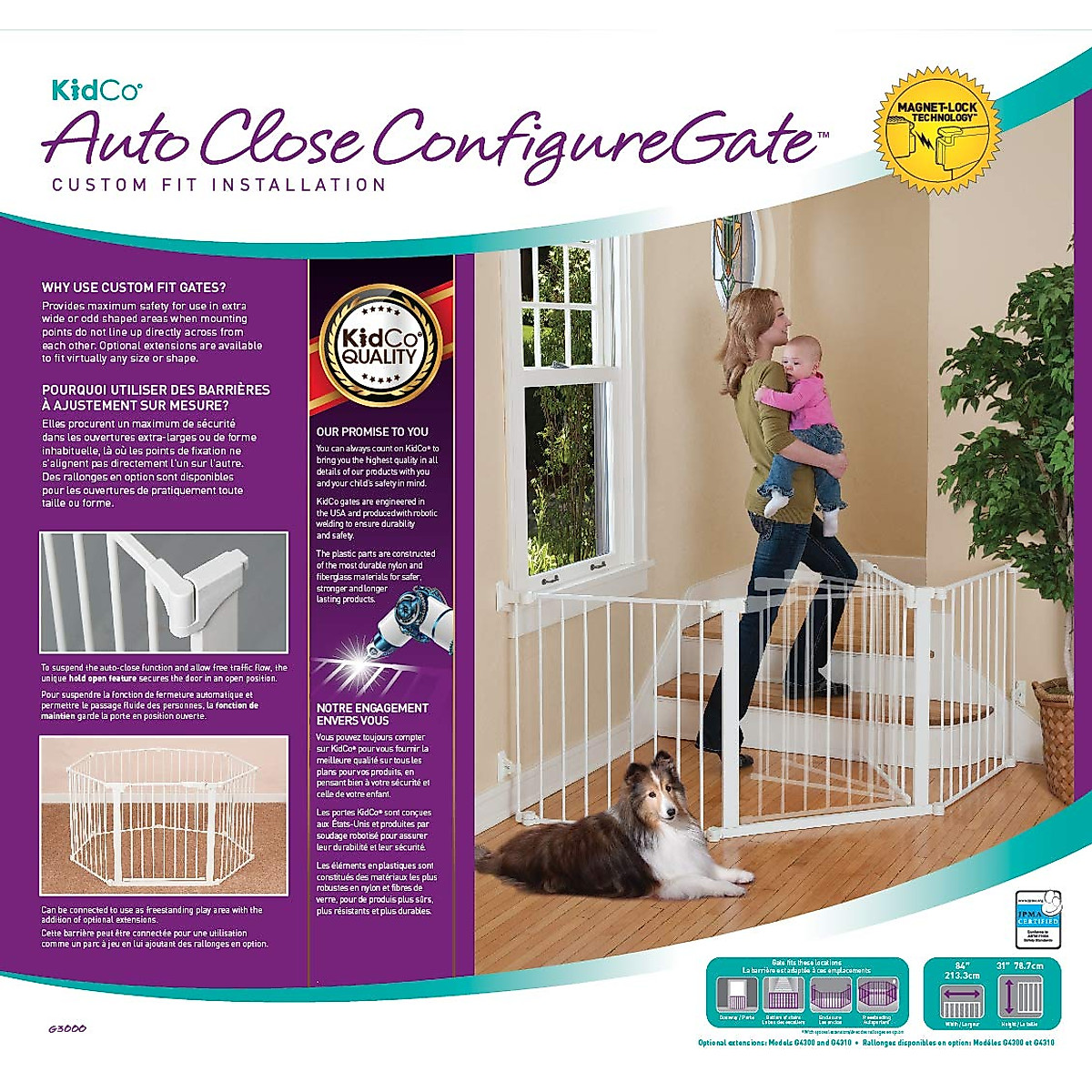 KidCo G3000 Auto Close Configure Gate w/ 30" Door - Wide Area Baby Gate Enclosure (White)