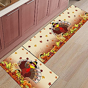 2 Piece Thanksgiving Kitchen Rug Set Funny Turkey Fall Autumn Harvest Pumpkins Maple Leave Comfort Doormat Absorbent Bathroom Carpet Non Slip Area Rug Pad Home Decor Mat (15.7" x 23.6"+15.7" x 47.2")