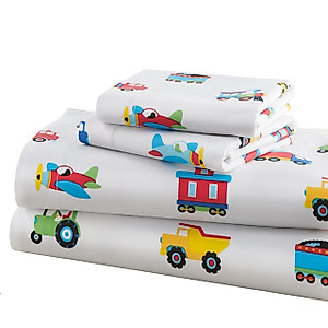 Wildkin Kids 100% Cotton Twin Sheet Set for Boys & Girls, Bedding Set Includes Top Sheet, Fitted Sheet, and One Standard Pillow Case, Bed Sheet Set for Cozy Cuddles (Trains, Planes & Trucks)