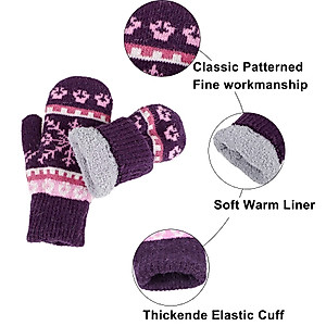 Verabella Womens Mittens Cold WeatherFair Isle Knit Sherpa Lined Winter Mittens,2 Pairs,L Grey/Purple