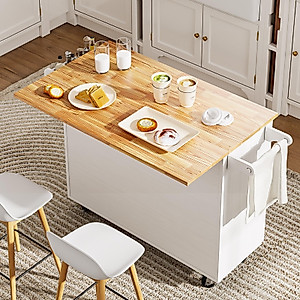 4 EVER WINNER Kitchen Island Cart with Drop Leaf & 3 Drawers, 43” Kitchen Island with Storage Cabinet on Wheels, Spice Rack, Towel Rack, Rolling Kitchen Island Table Breakfast Bar for Kitchen, White