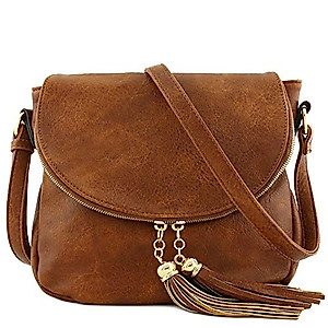 Tassel Accent Crossbody Bag with Flap Top (Tan)