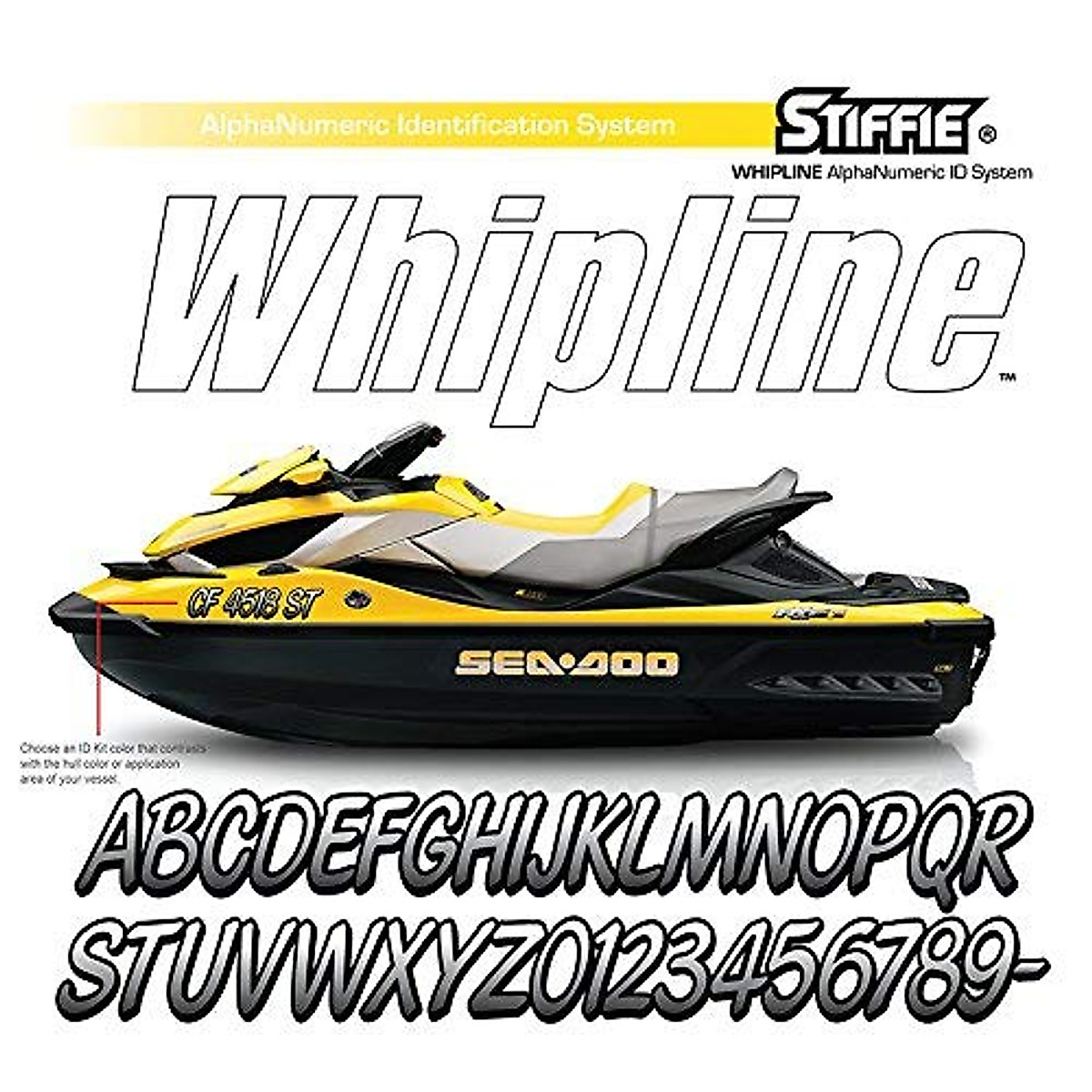 STIFFIE Whipline White/Silver SUPER STICKY 3" Alpha Numeric Registration Identification Numbers Stickers Decals for Sea-Doo SPARK, Inflatable Boats, RIBs, Hypalon/PVC, PWC and Boats.
